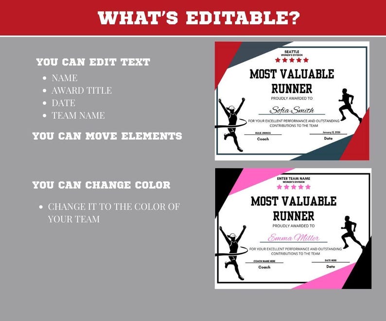 Printable Running Award Certificate Team Awards Bundle Editable Track ...