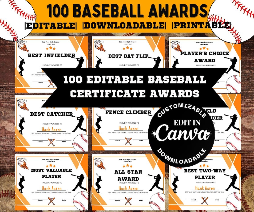 Personalized Baseball Awards Certificate, End of Season Award, Editable ...