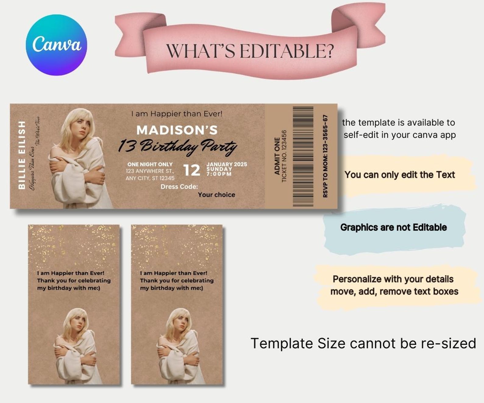 Editable Billie Eilish Birthday Ticket Invitation: Keepsake Concert ...