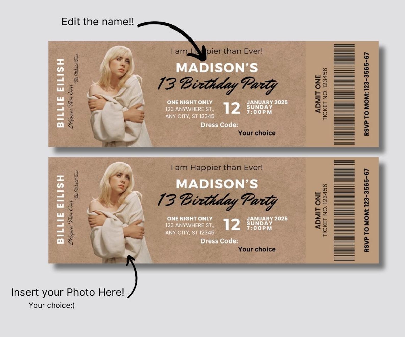 Editable Billie Eilish Birthday Ticket Invitation: Keepsake Concert ...