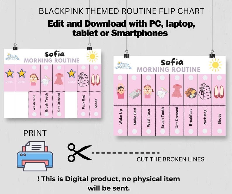 Editable Routine Flip Chart for Kids, Girl,pink, Morning Evening ...