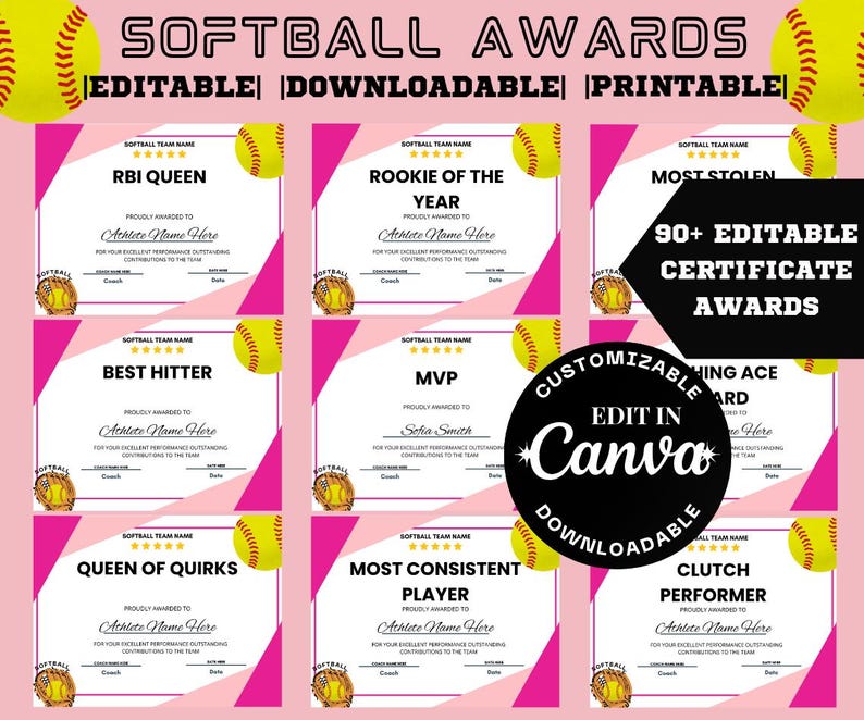 Editable Softball Awards: 100 Team Certificates (digital Download) - Etsy