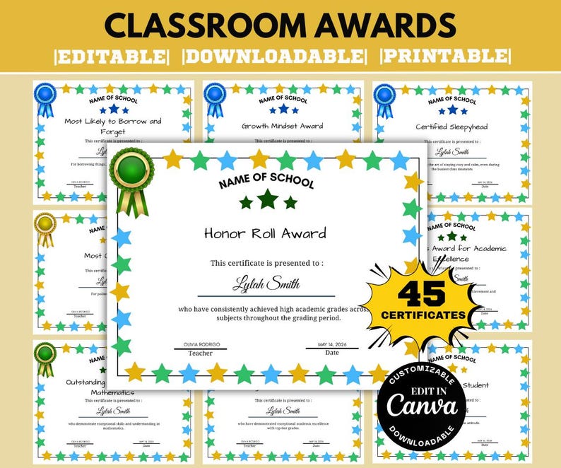 Printable Classroom Awards Certificate Template, End of Year ...