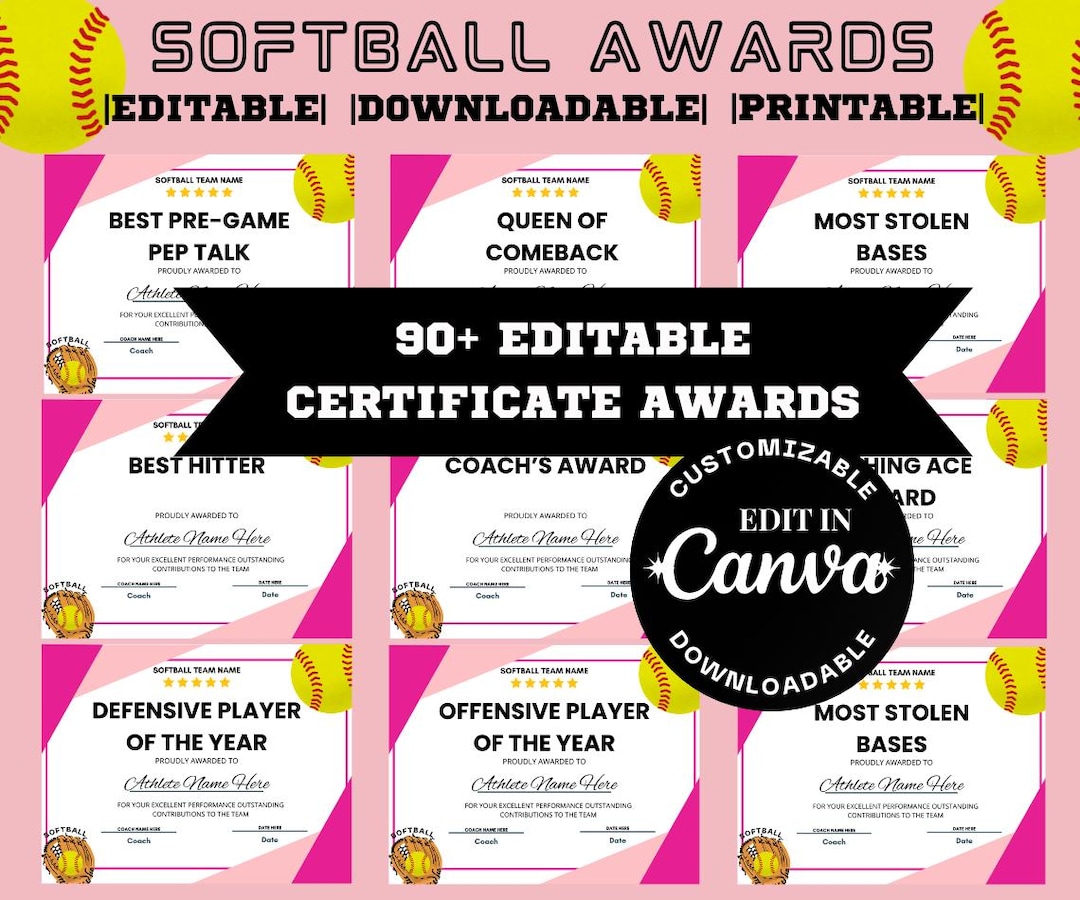 Editable Softball Awards: 100 Team Certificates (digital Download) - Etsy