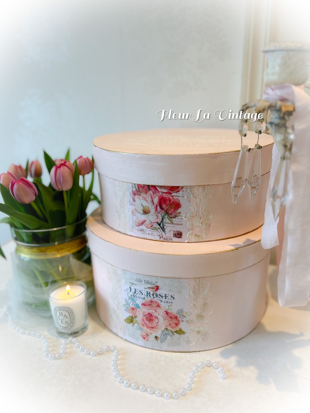 Set of 2 Storage Decorative Boxes French Country Style Faded Pink Color ...