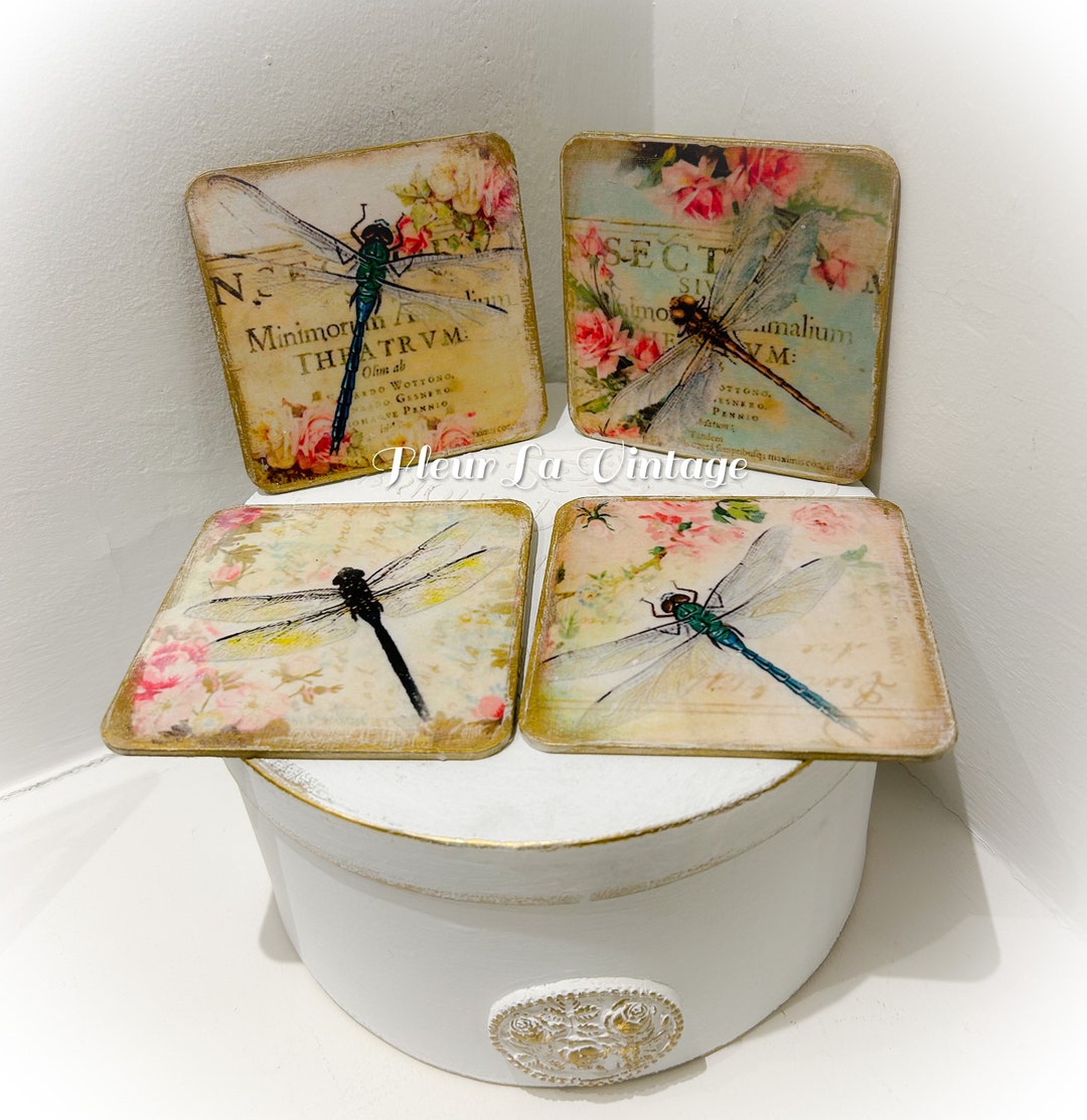 Dragonfly Coasters French Country Shabby Chic Style Hand Painted ...