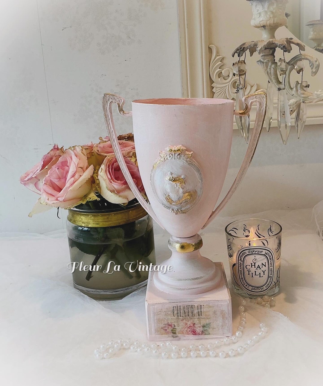 Vintage Faded Pink Color Trophy Urn Metal Vase French Country Flower ...