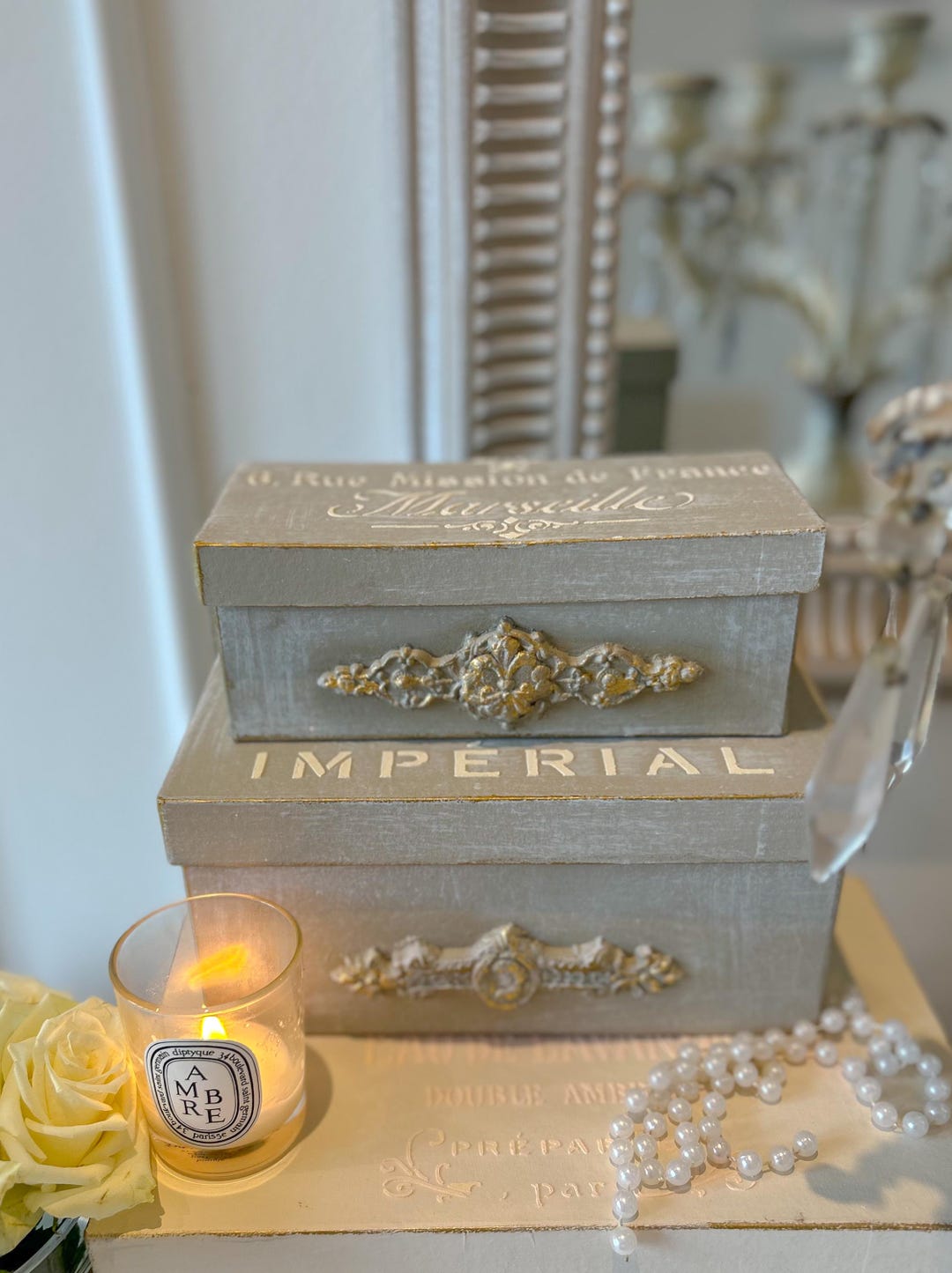 Parisian Look Set of Two Greige Color Storage Decorative Boxes French ...