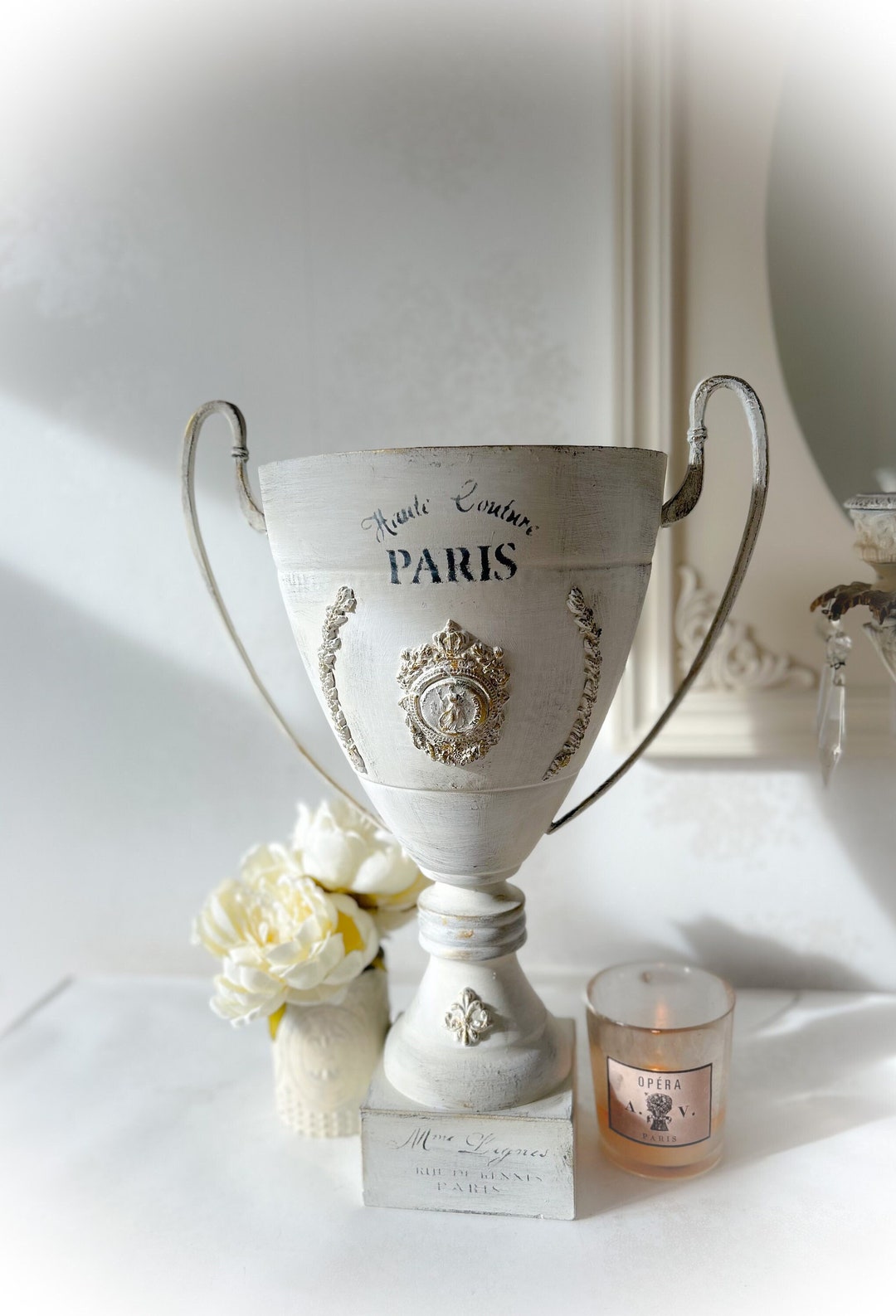 Vintage Aged White Color Trophy Urn Metal Vase French Country Flower ...