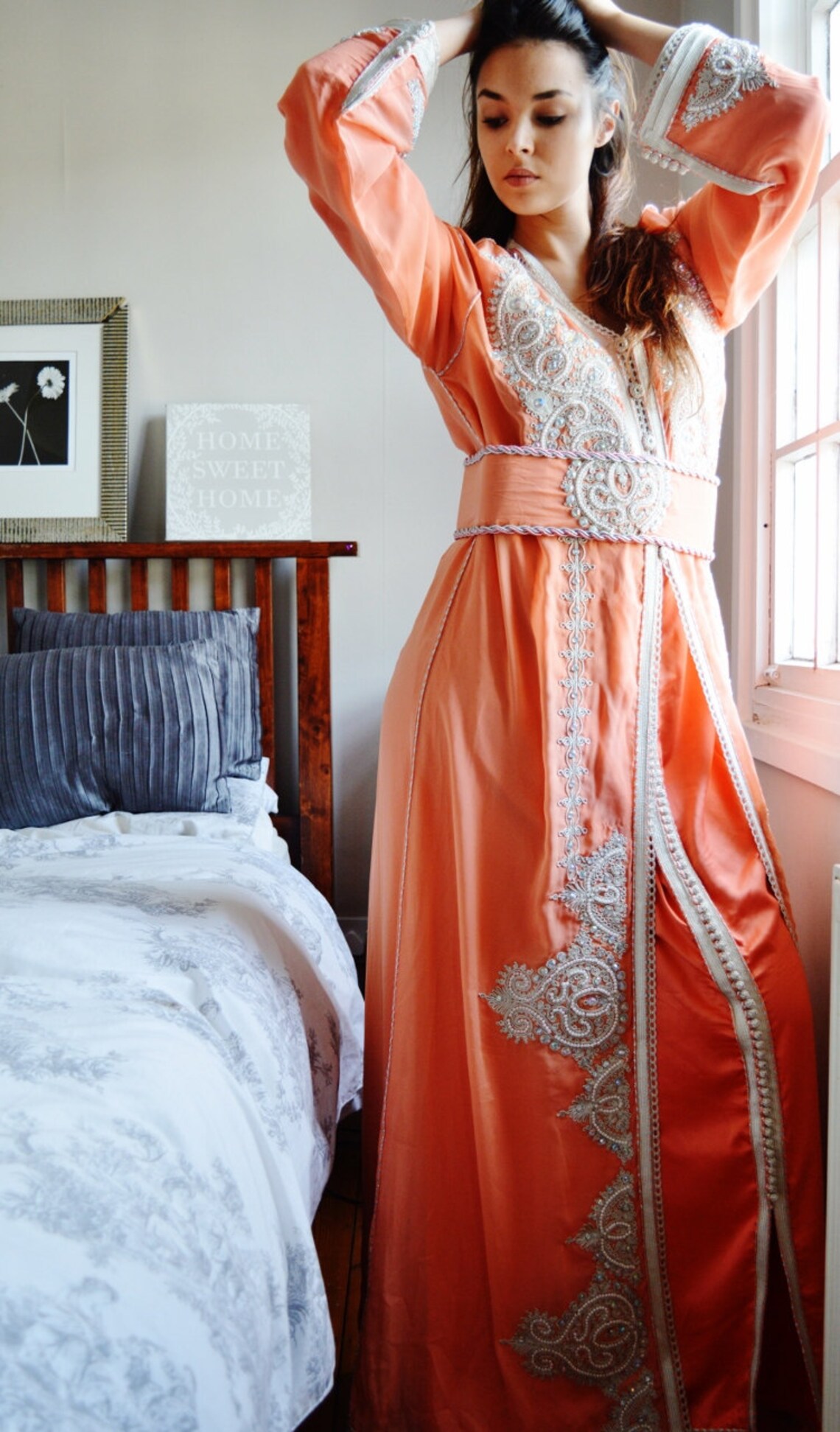 Moroccan Modern Salmon Pink Embroidery Caftan Kafan-kalia - Etsy