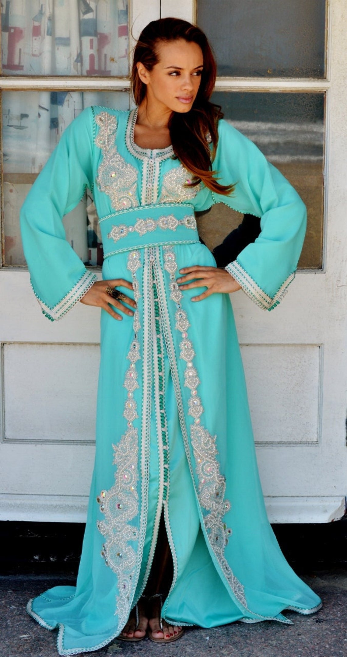 Moroccan Modern Mint Green Embroidery Caftan - Etsy