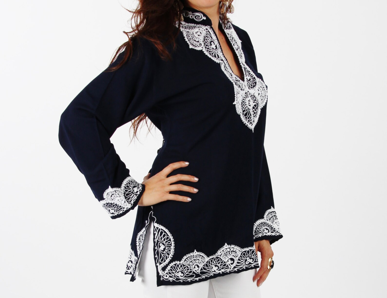 Salma Navy Tunic With White Embroidery-perfect Resort - Etsy