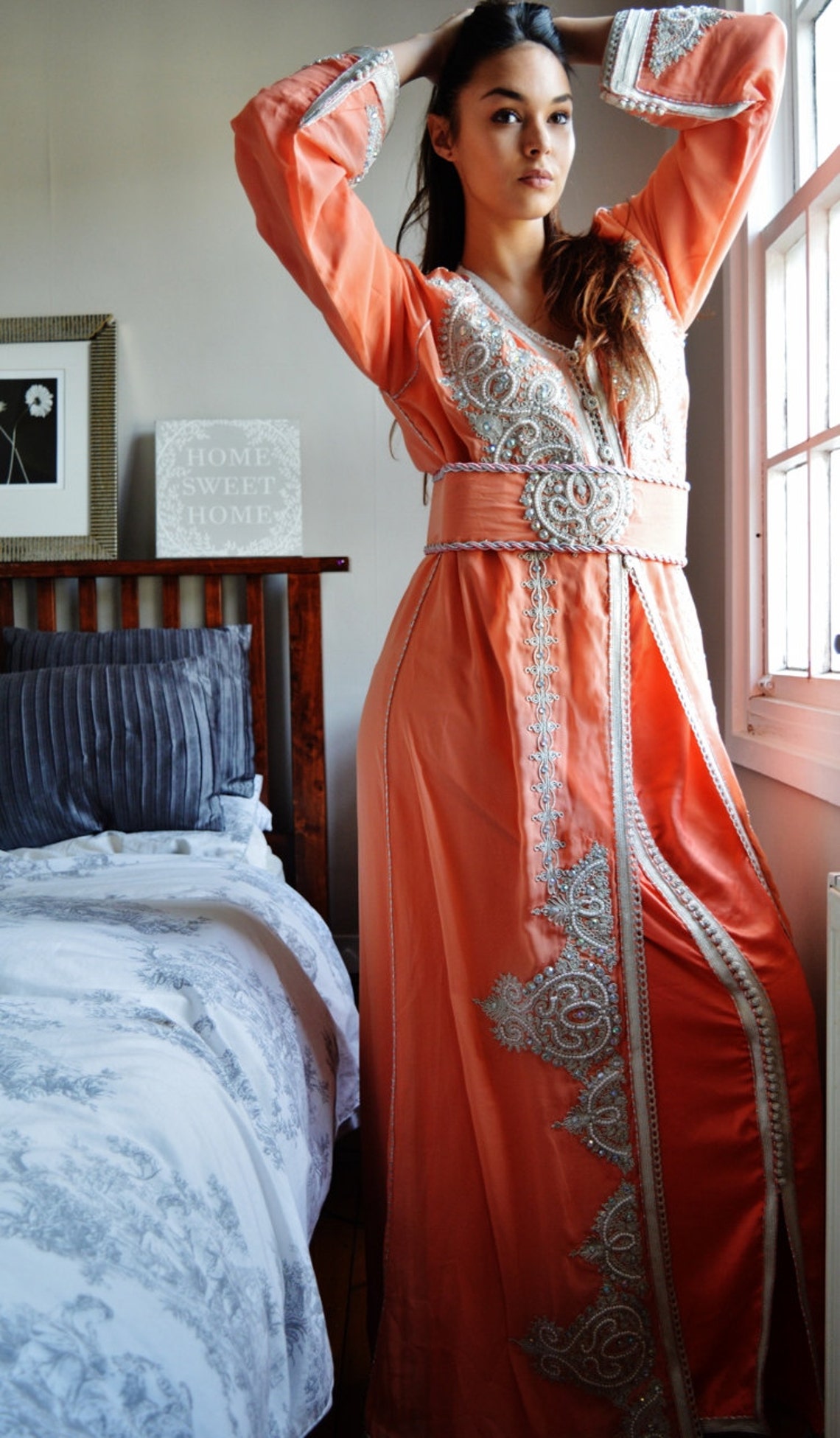 Moroccan Modern Salmon Pink Embroidery Caftan Kafan-kalia-, Moroccan ...