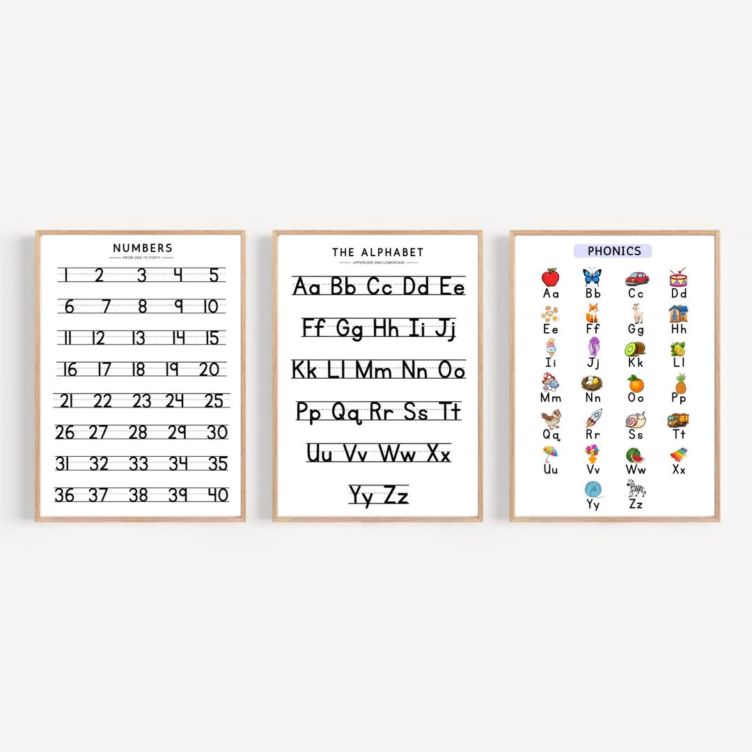 3 Educational Poster Wall Art, Numbers, Phonics, Homeschool Printables ...