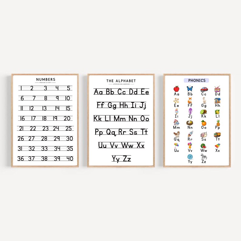 Set of 3 Educational Poster Wall Art, Numbers, Phonics, Homeschool ...