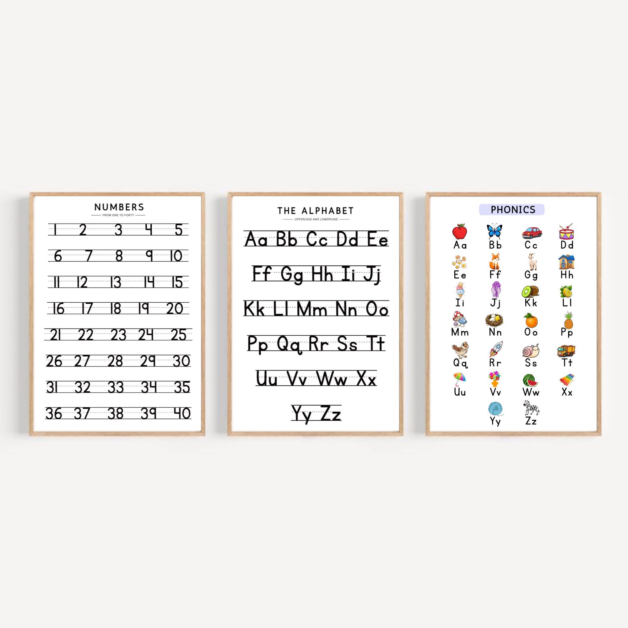 Set of 3 Educational Poster Wall Art, Numbers, Phonics, Homeschool ...