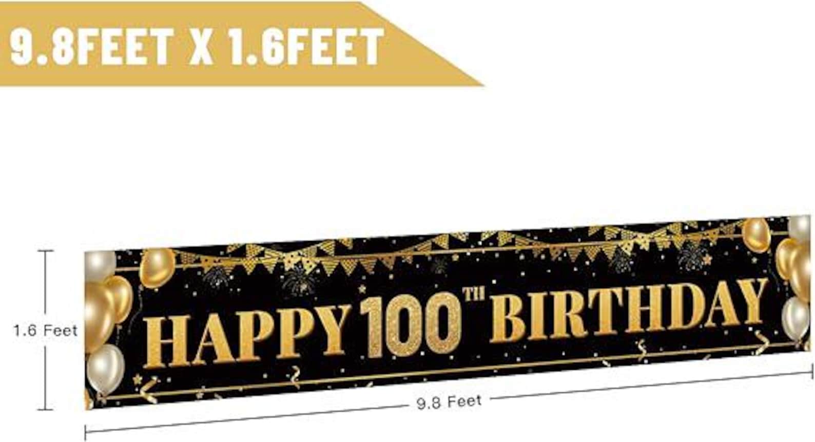 Large Happy 100th Birthday Decoration Banner, Black and Gold Happy ...