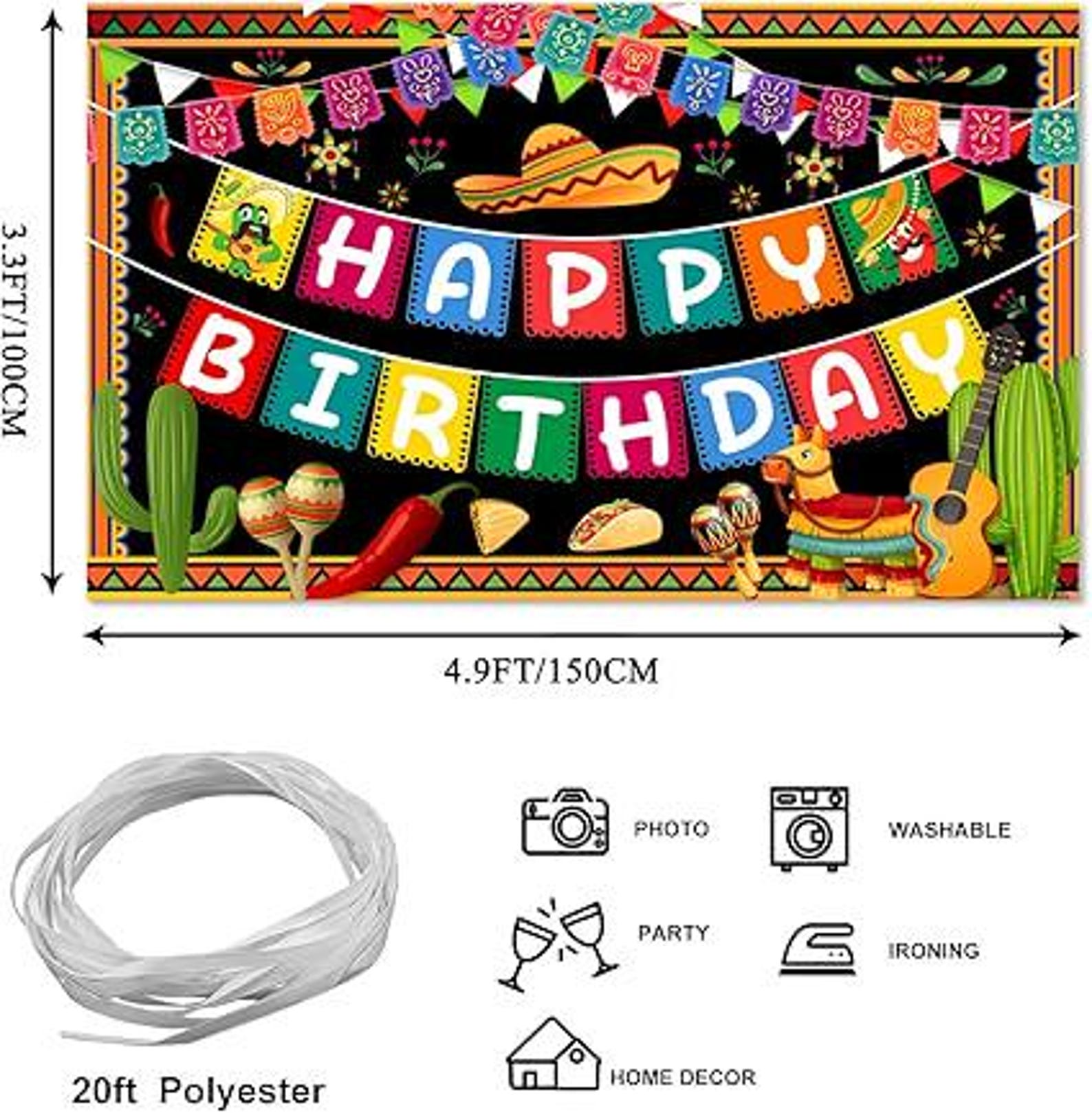 Mexican Happy Birthday Backdrop Mexican Party Decorations 4.9x3.3ft ...