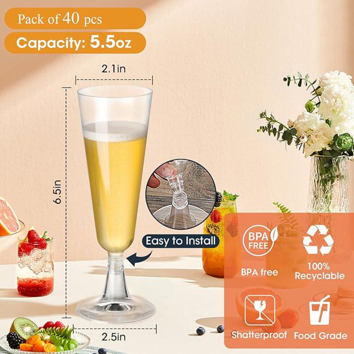 Plastic Champagne Flutes 40 Pack Disposable Champagne Glasses 5.5 Oz ...