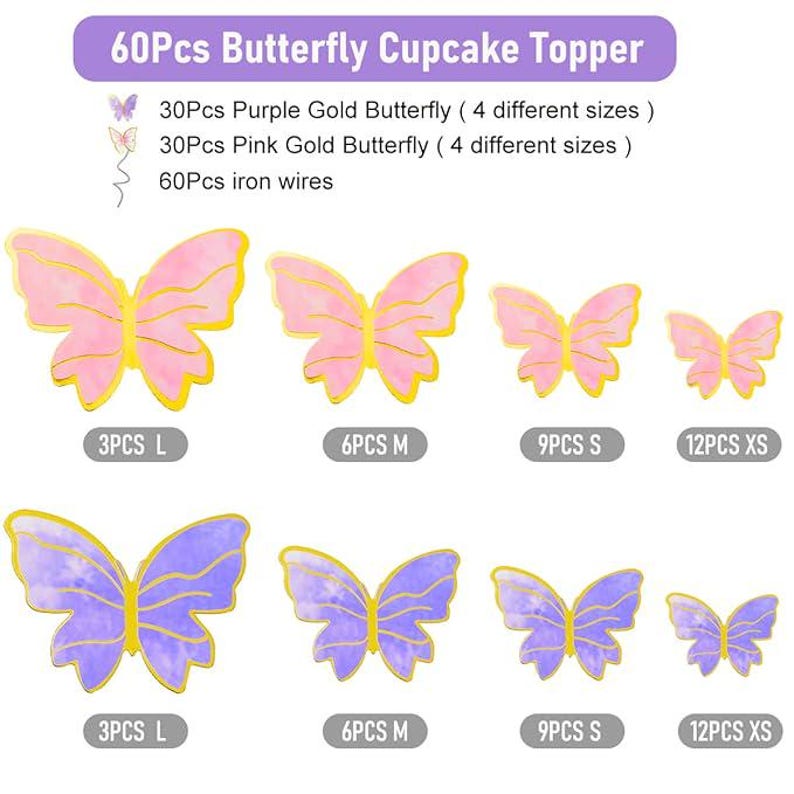 60pcs Butterfly Cupcake Topper Pink Purple Gold, Lively 3D Butterflies ...