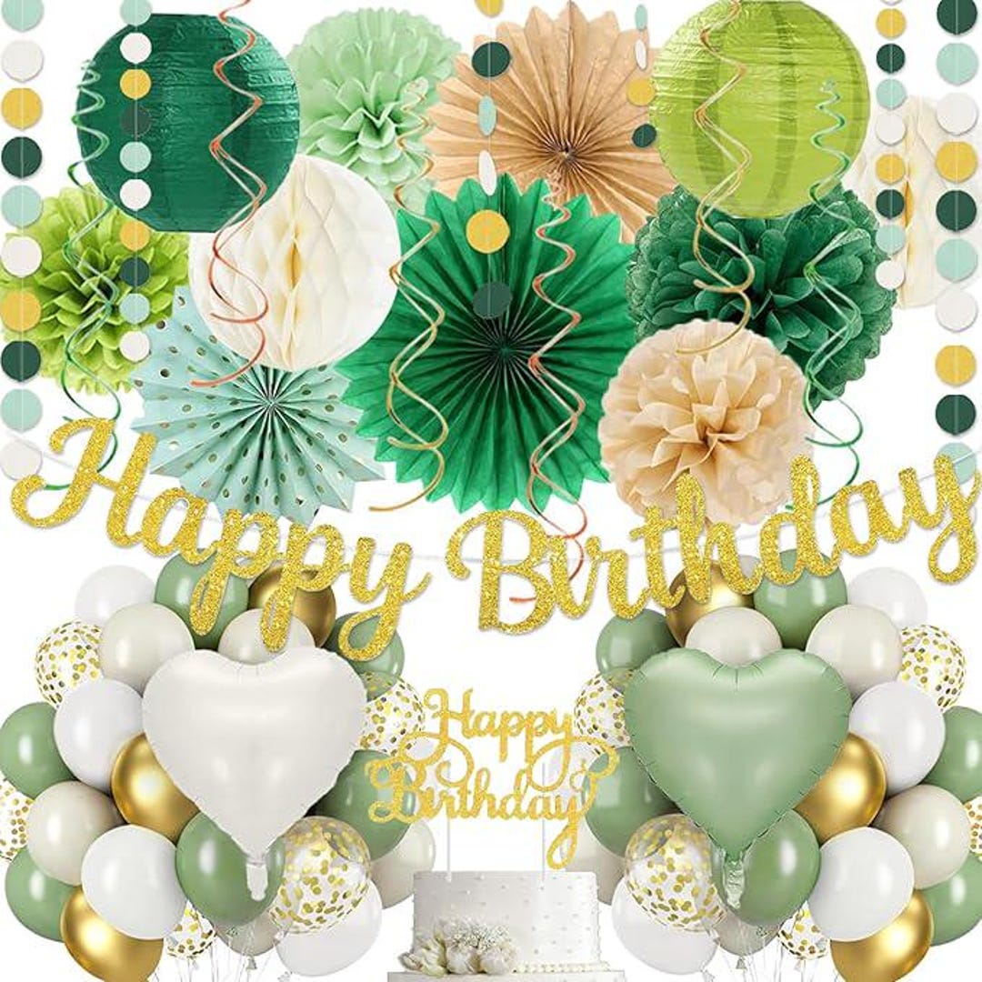 Sage-green Gold Birthday Decoration,happy Banner,olive Retro Paper ...