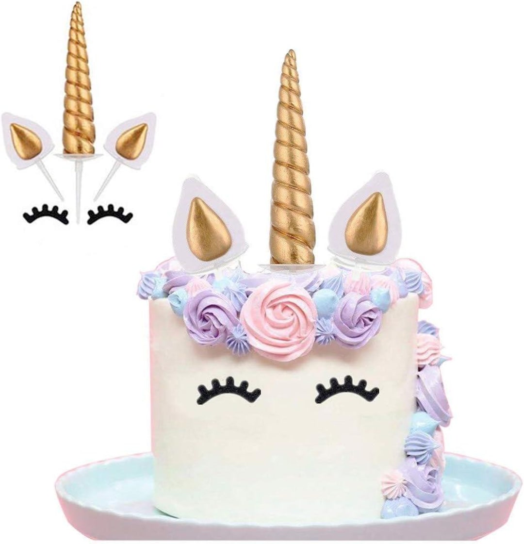 Unicorn Cake Topper, Reusable Gold Unicorn Horn, Ears and Eyelashes ...