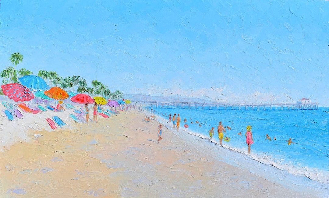 Beach Painting Depicting Beach Life With Umbrellas, Palm Trees and People, Coastal Decor ...