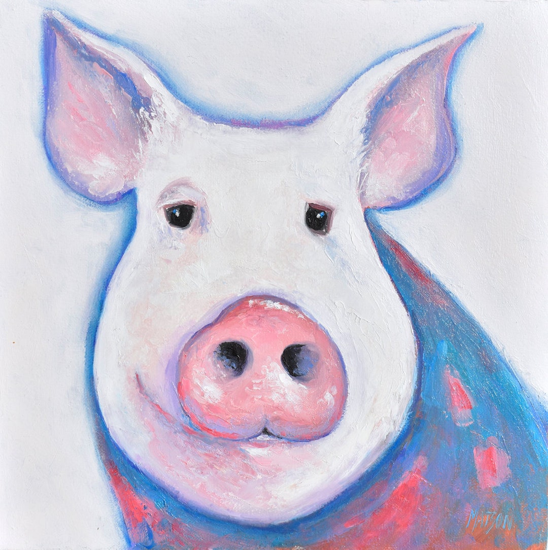 Happy Pig Wall Art, Cute Farm Animal Art, Stretched Canvas, Colourful ...