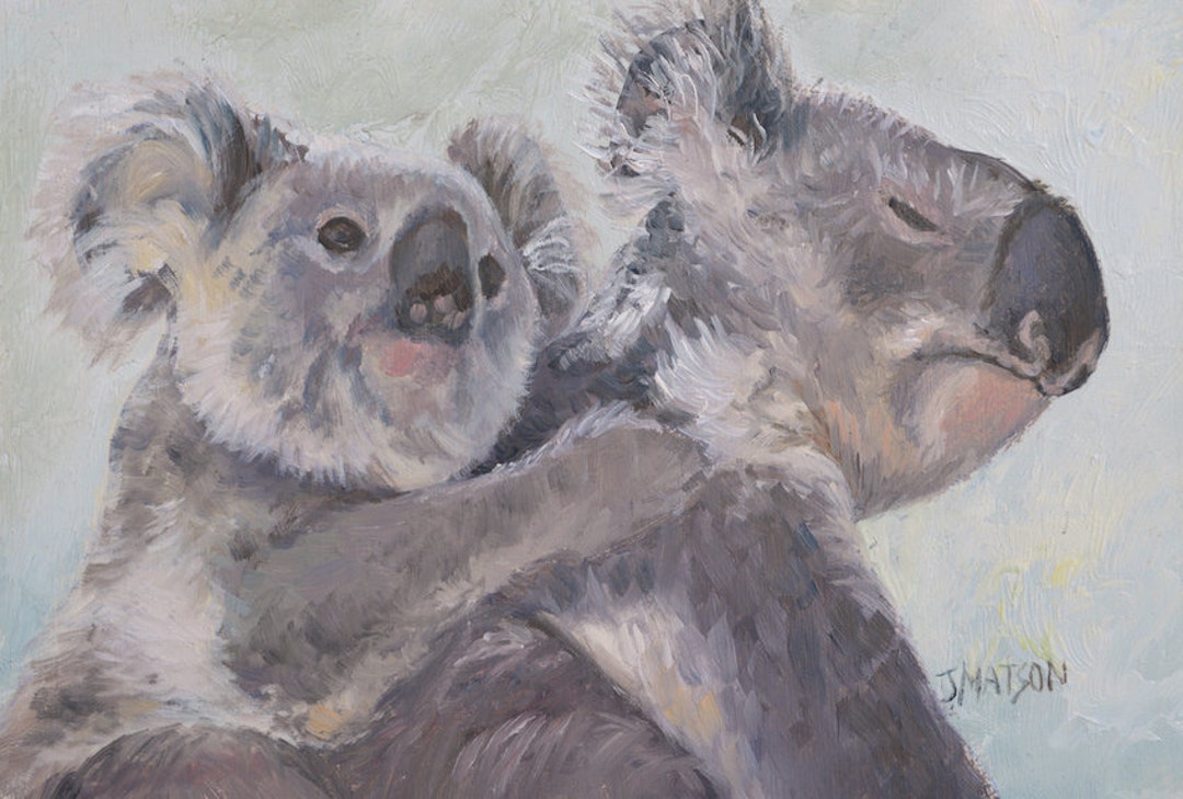 Koalas, Framed, Mother and Baby Koala Oil Painting, Cute Animal Art ...