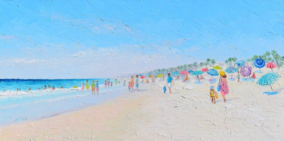 Beach Painting Depicting Beach Life With People and Umbrellas, Seascape ...