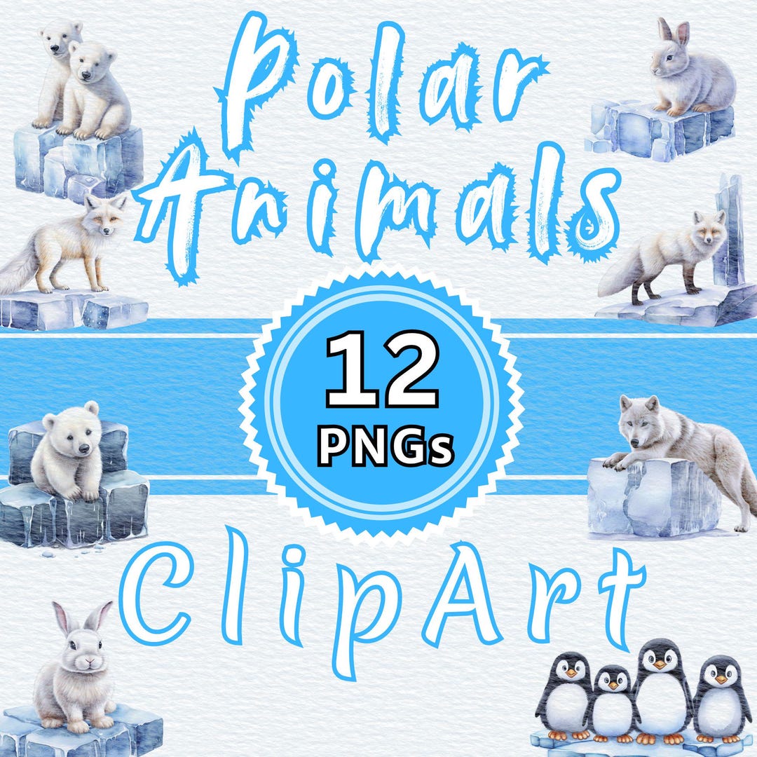 Cute Polar Animals Winter Clip Art Bundle of 12 Pngs, Cute Blue Tone ...