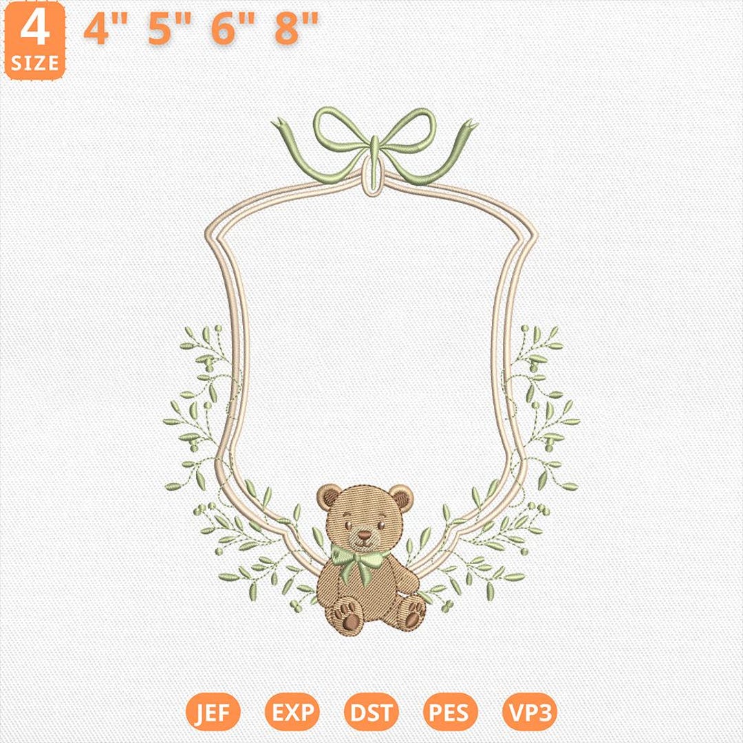 Bear Monogram Frame Embroidery Design, Teddy Bear Wreath Crest ...