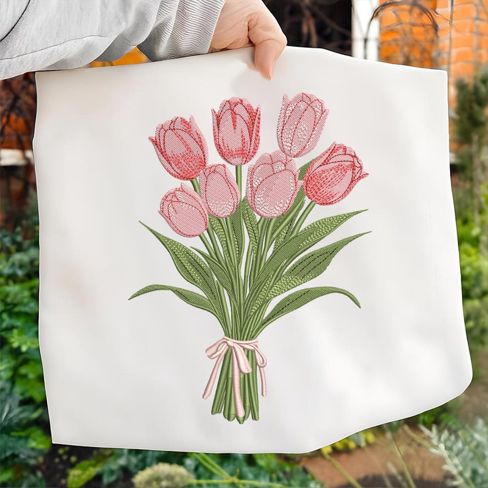 Pink Tulip Bouquet Embroidery Design, Vintage Floral Tulips Machine ...