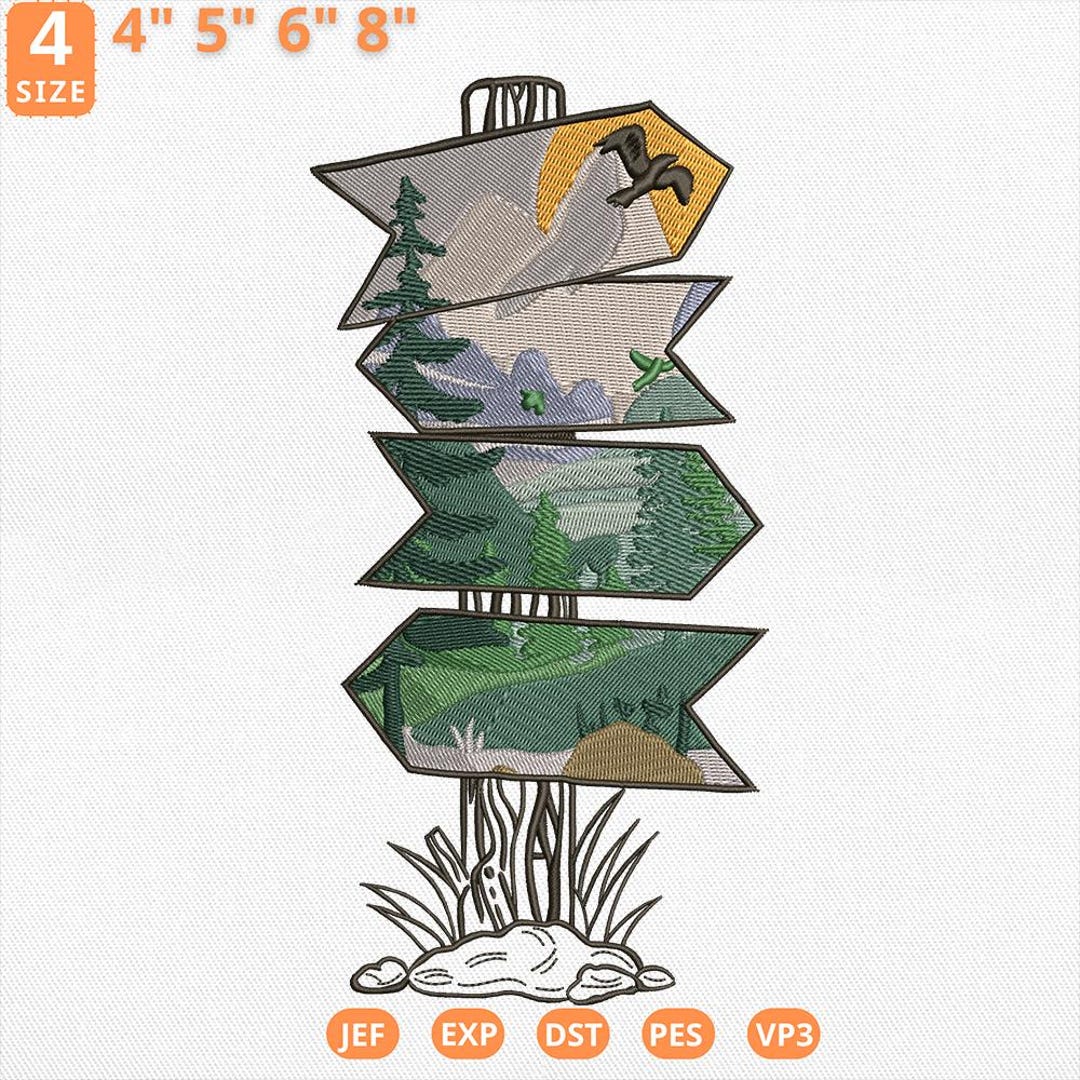 Mountain Forest Direction Sign Embroidery Design, Outdoor Landscape ...