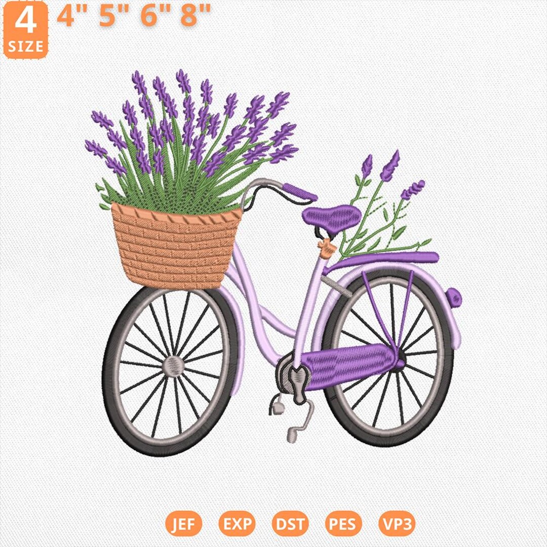 Floral Bicycle Embroidery Design, Bicycle With Lavender Flowr Machine ...