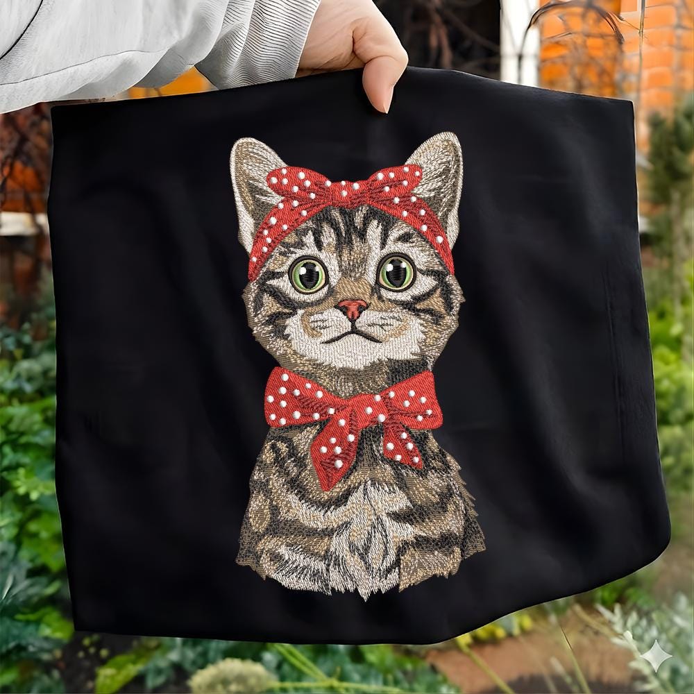 Cute Tabby Cat Embroidery Design, Tabby Cat With Red Bow Machine File ...