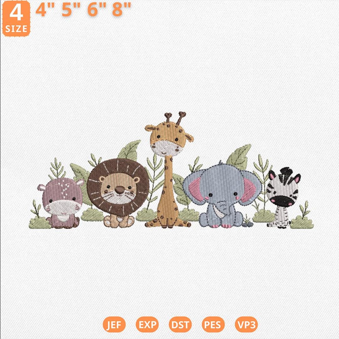 Safari Animal Embroidery Design, Cute Jungle Animals Machine File, Baby ...