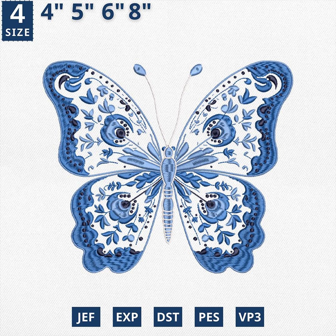Floral Butterfly Chinoiserie Embroidery, Blue Chinoiserie Butterfly ...