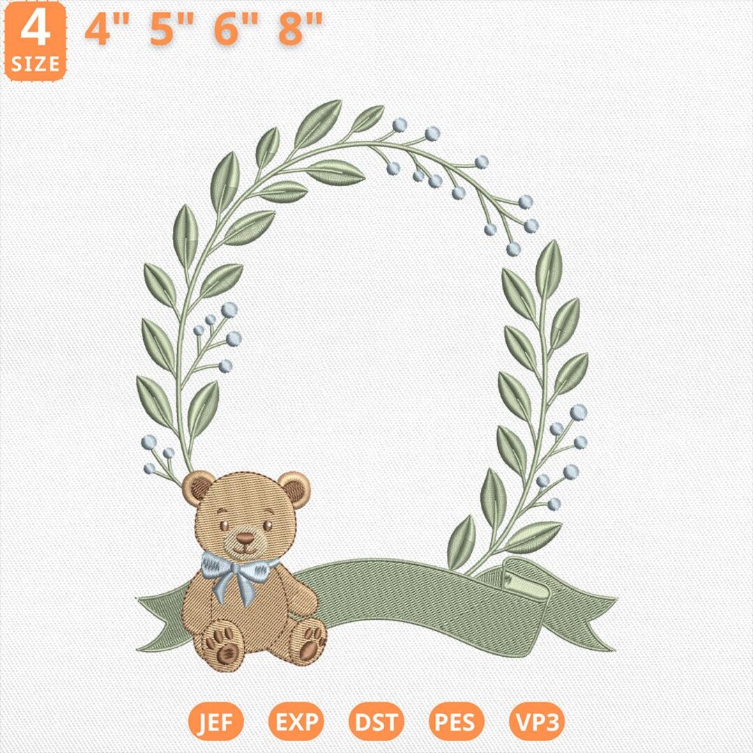 Bear Monogram Frame Embroidery Design, Teddy Bear Wreath Crest ...