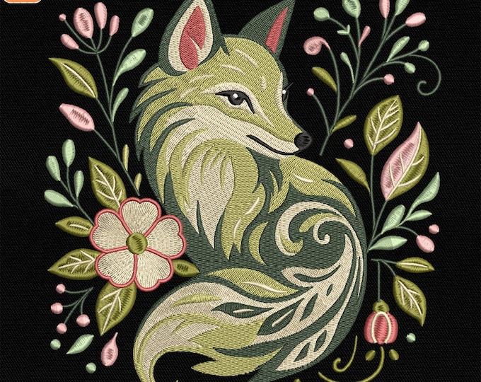 Floral Fox Embroidery Design, Woodland Animal Vintage Machine ...