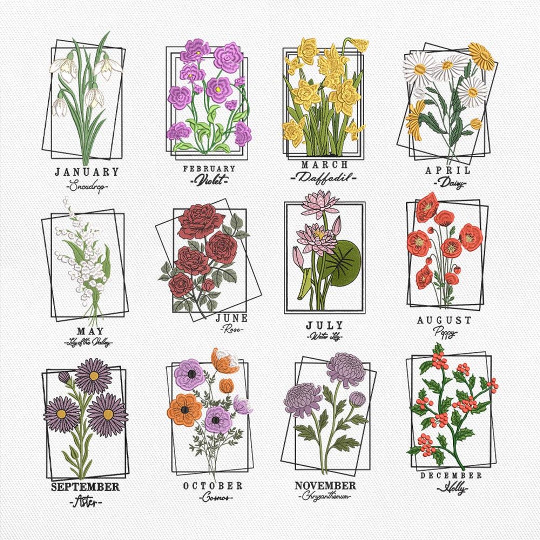 Birth Month Flower Bundle Embroidery Design, 12 Floral Machine File ...