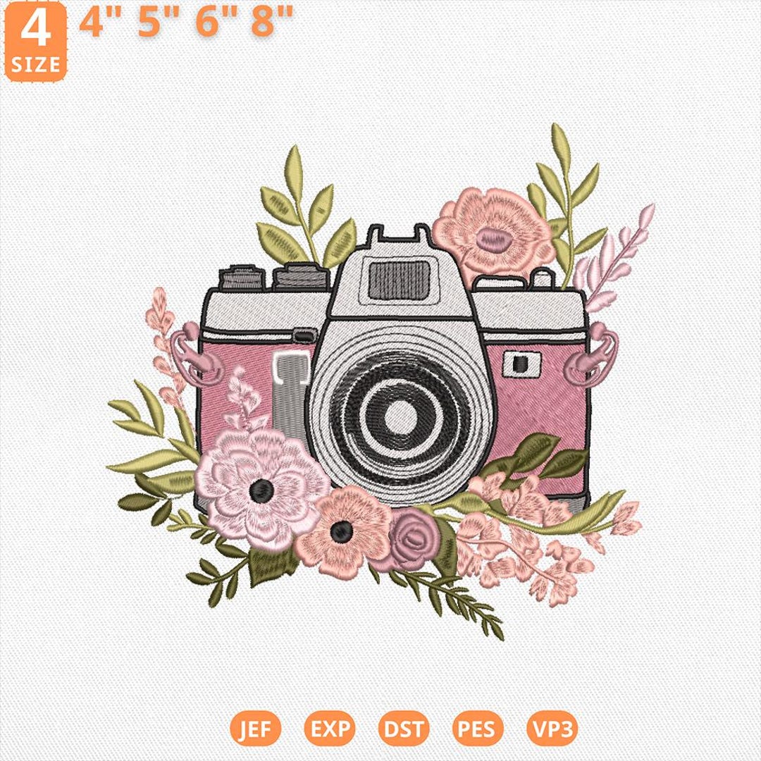 Floral Camera Embroidery Design, Retro Camera With Flowers Machine File ...