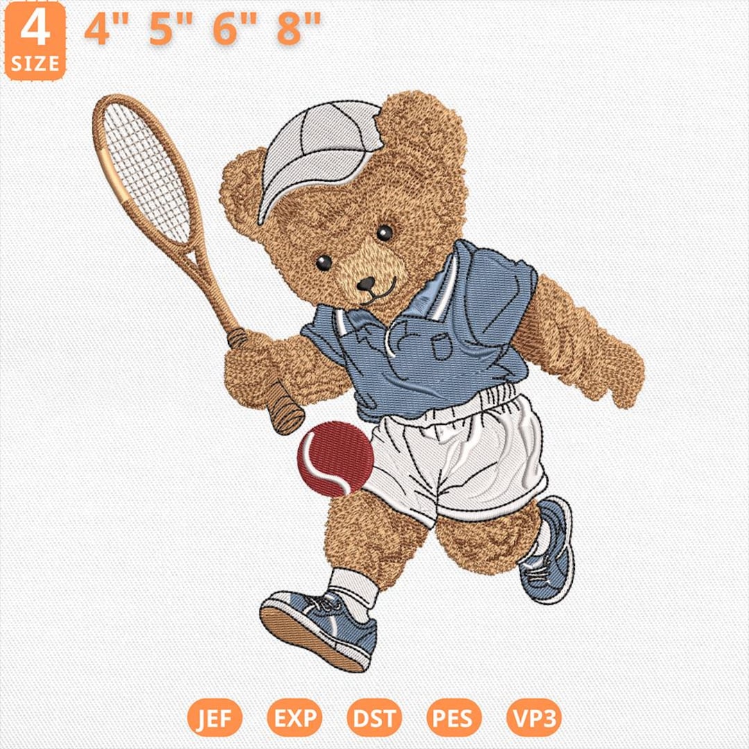 Teddy Bear Tennis Embroidery Design, Cute Bear Playing Tennis Machine ...