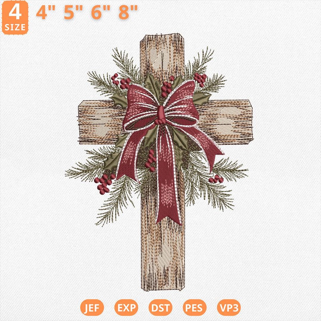 Christmas Cross Coquette Bow Embroidery Design, Jesus Cross Bow ...