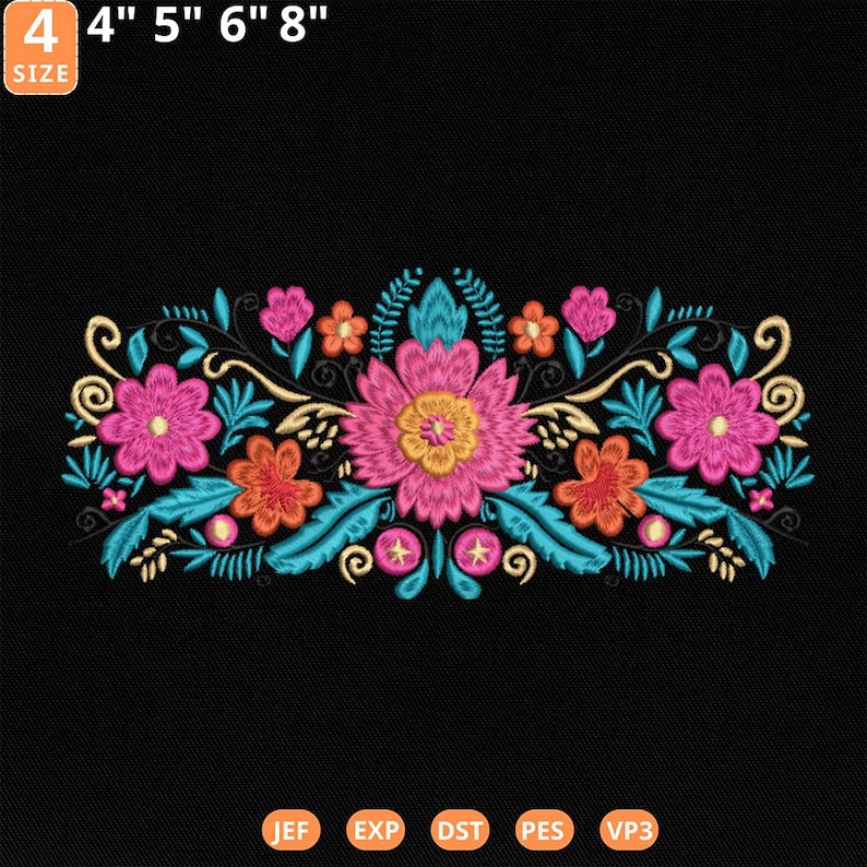 Folk Floral Border Embroidery Design, Boho Flower Strip Machine File ...