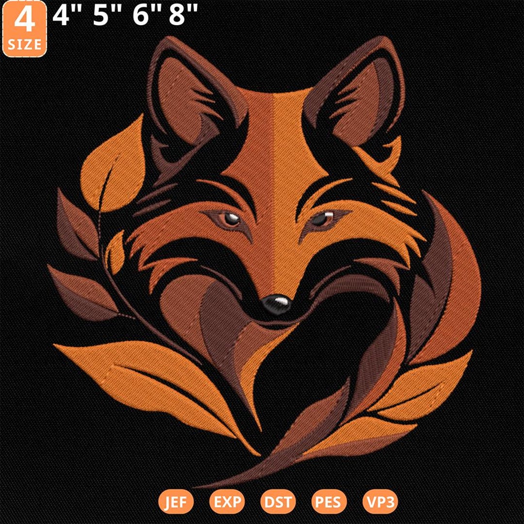 Floral Fox Embroidery Design, Leaf Fox Machine Embroidery, Retro Leaf ...
