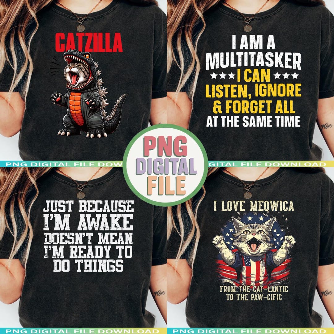 Funny Cat PNG Bundle, Cute Catzilla Kitty, Patriotic 4th of July Cat ...