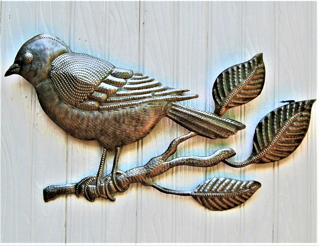 BIRD on BRANCH, Metal Bird Wall Hanging, Haitian Steel Drum, Wall Decor ...