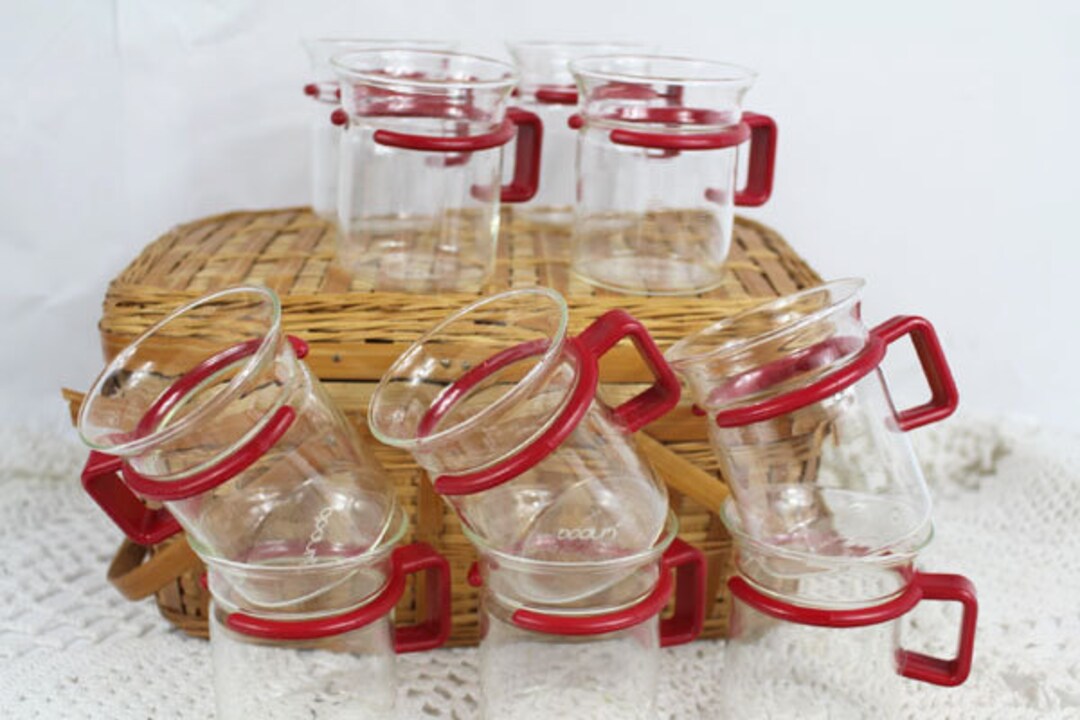 10 Glass Cups in a Basket, MUBOD Cups With Rubber Handle - Etsy
