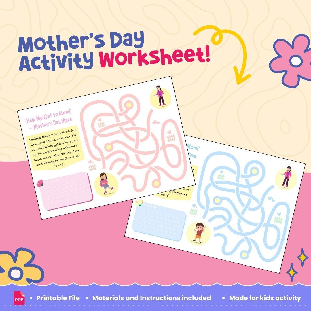 Mother's Day Maze Worksheet: Kids Activity, Printable Game (instant ...